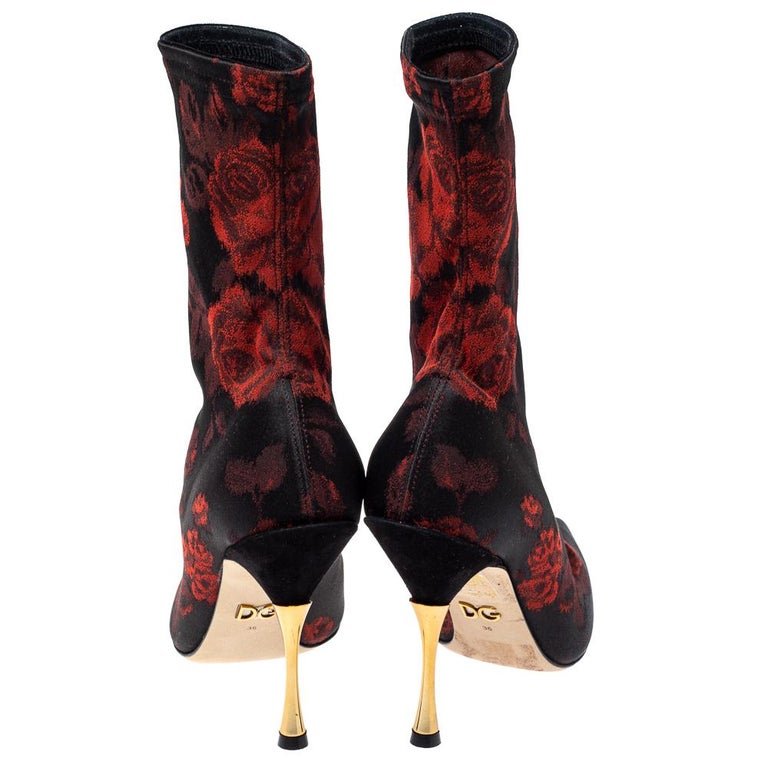Docle and Gabbana - Bottes en tissu jacquard noir/rouge avec roses ...