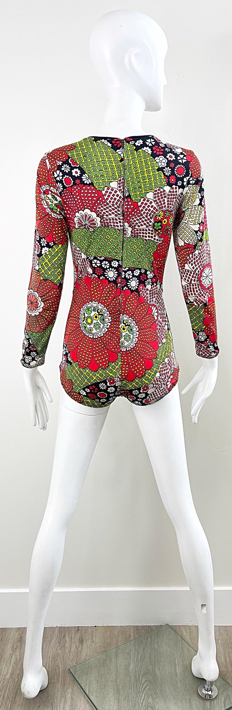 Documented Donald Brooks 1971 Flower Power 1970s Vintage 70s One Piece Bodysuit For Sale at 1stDibs