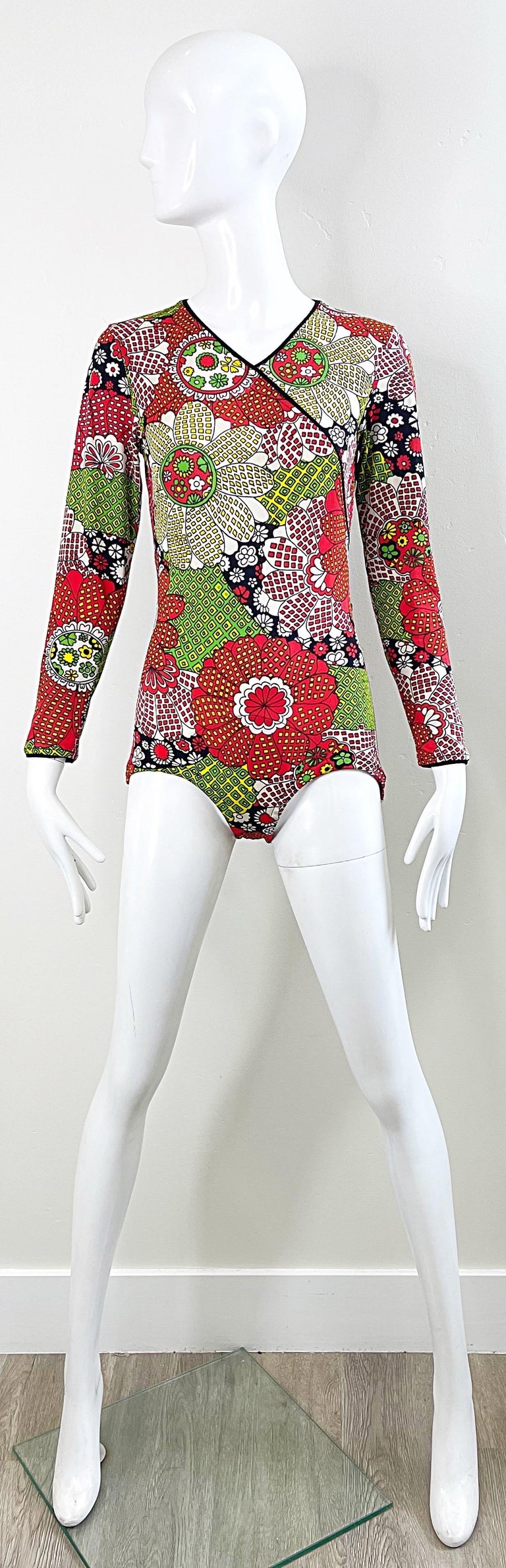 Documented Donald Brooks 1971 Flower Power 1970s Vintage 70s One Piece Bodysuit For Sale at 1stDibs