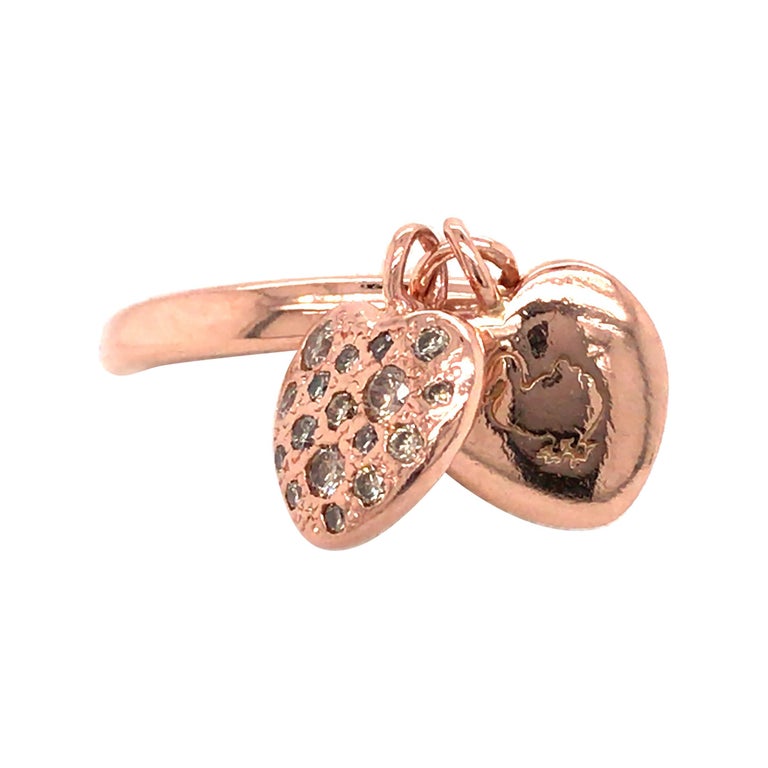 Dodo Pomellato Pave Heart Charms Ring in 9k Rose Gold For Sale at 1stDibs