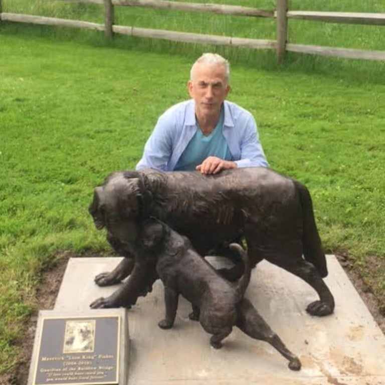 Dog and Cat Bronze Garden Statue, "Opposites Attract" For Sale at 1stDibs
