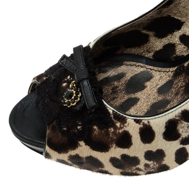 Dolce and Gabbana Beige Leopard Print Pony Hair Bow Peep Toe Pumps Size ...