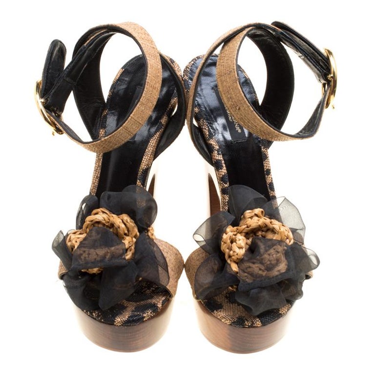 Dolce and Gabbana Beige Leopard Raffia Platform Sandals Size 38 For ...