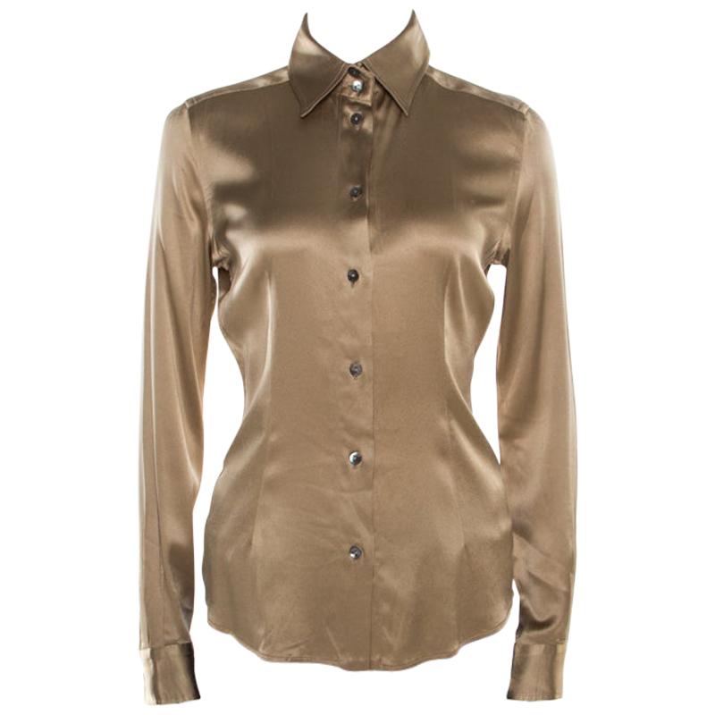 Dolce and Gabbana Beige Silk Satin Long Sleeve Button Front Shirt S at ...