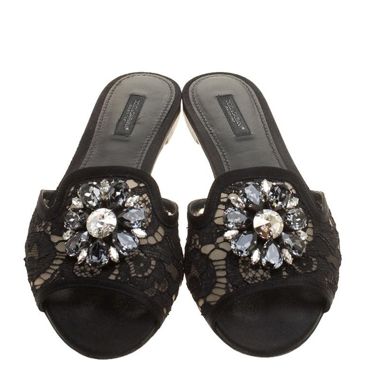 Dolce and Gabbana Black Lace Sofia Crystal Embellished Slides Size 39.5 ...