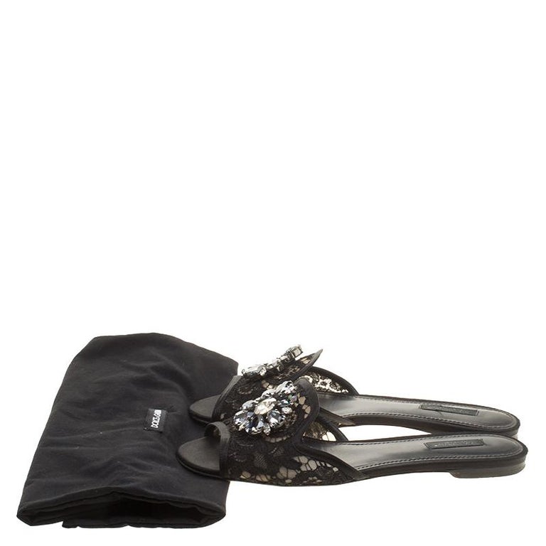 Dolce and Gabbana Black Lace Sofia Crystal Embellished Slides Size 39.5 ...