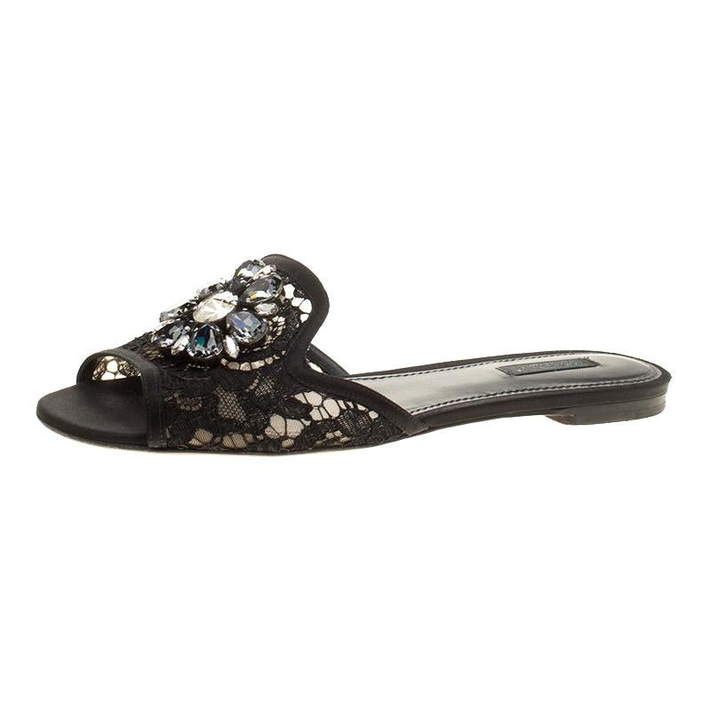 Dolce and Gabbana Black Lace Sofia Crystal Embellished Slides Size 39.5 ...