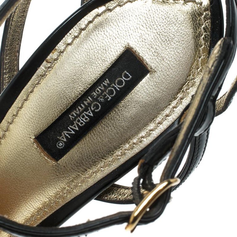 Dolce And Gabbana Black Patent Leather Strappy Sandals Size 37 For Sale