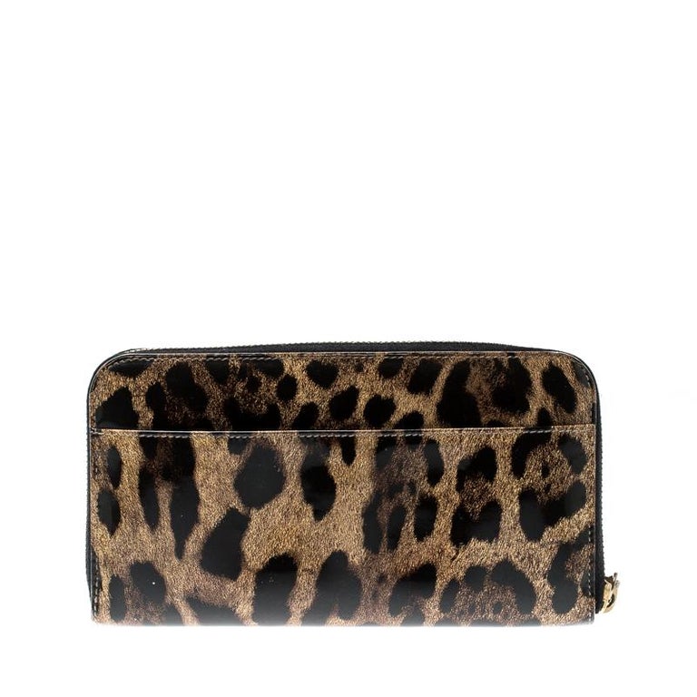 Dolce And Gabbana Leopard Print Patent Leather Zip Around Wallet For