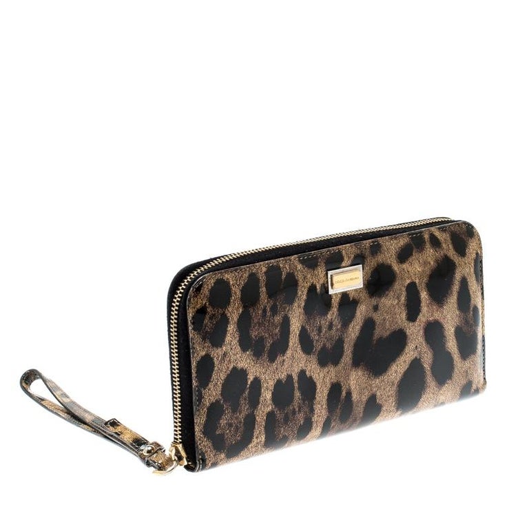 Dolce And Gabbana Leopard Print Patent Leather Zip Around Wallet For