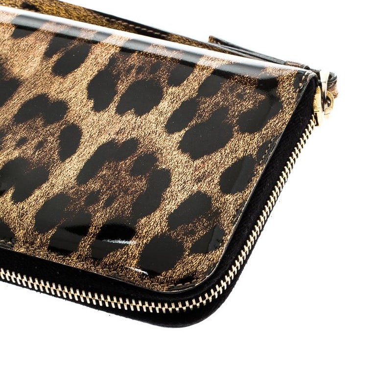 Dolce And Gabbana Leopard Print Patent Leather Zip Around Wallet For