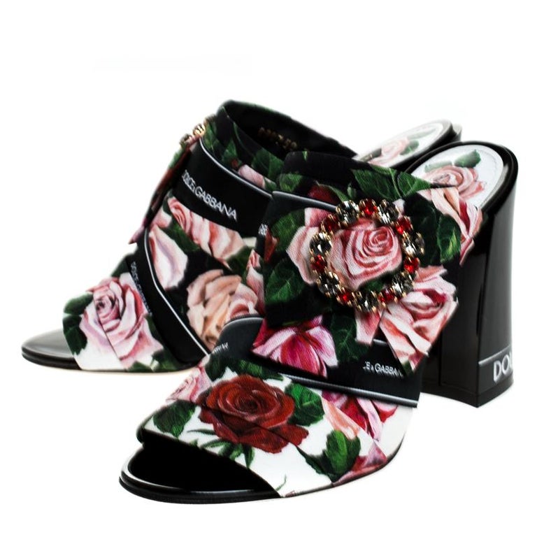 Dolce and Gabbana Multicolor Floral Fabric Crystal Bow Open Toe Mules ...