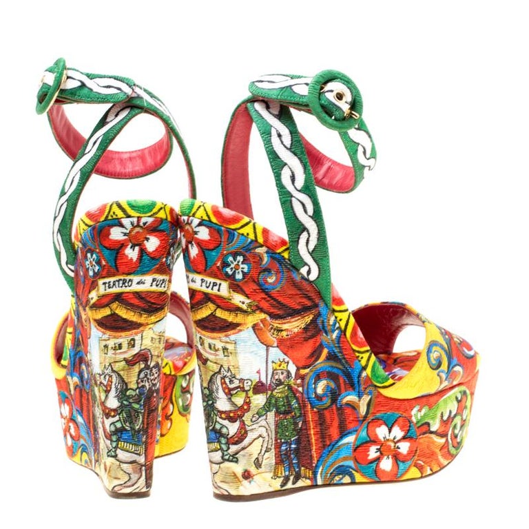 Dolce And Gabbana Multicolor Printed Brocade Ankle Wrap Wedge Sandals