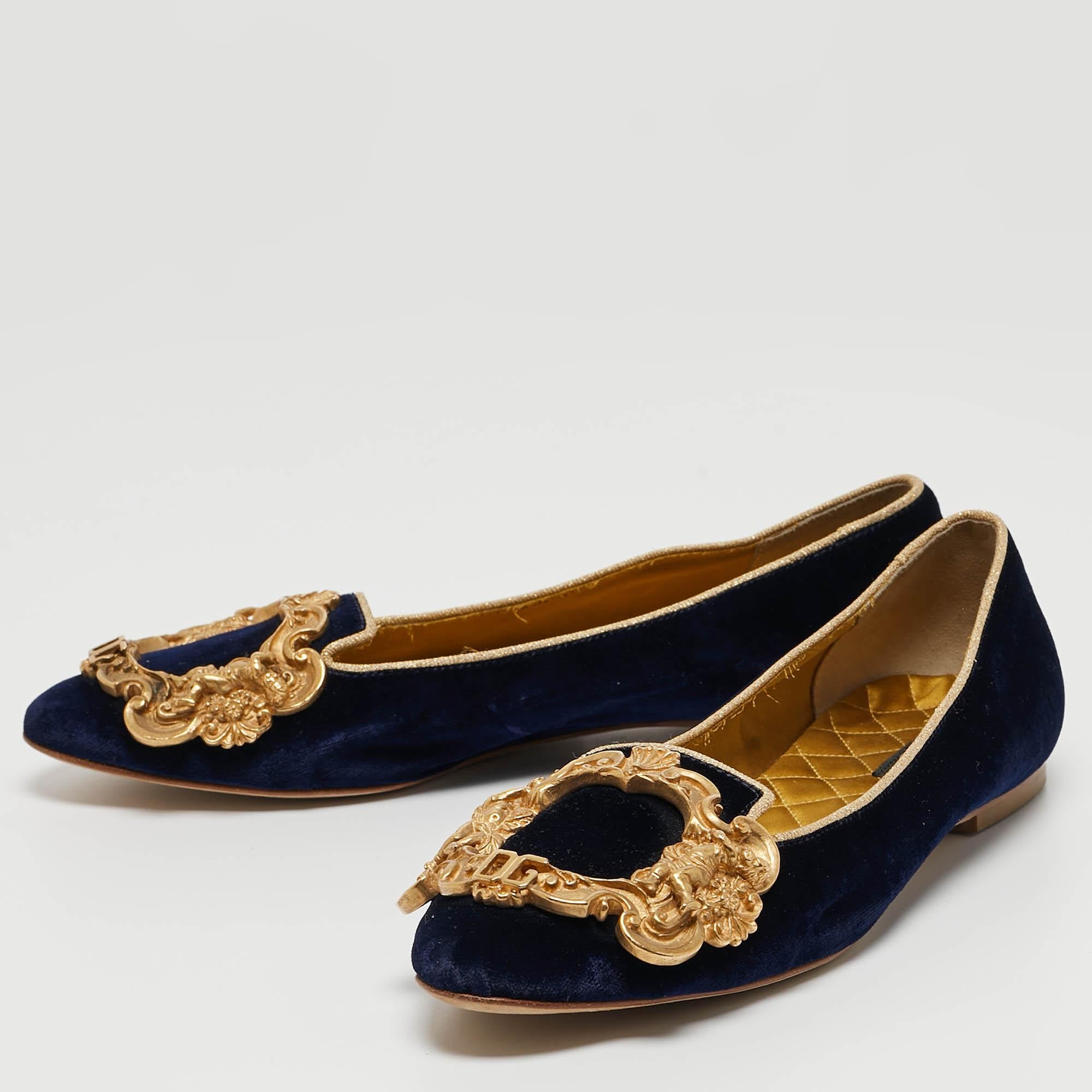 Dolce and Gabbana Navy Blue Velvet Embellished Ballet Flats Size 38 For ...