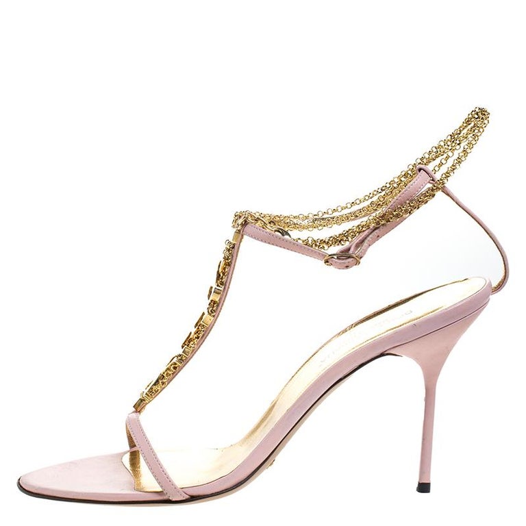 Dolce And Gabbana Pink Leather Sex Chain Detail Ankle Strap Sandals