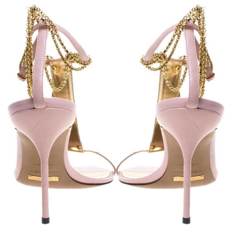 Dolce And Gabbana Pink Leather Sex Chain Detail Ankle Strap Sandals