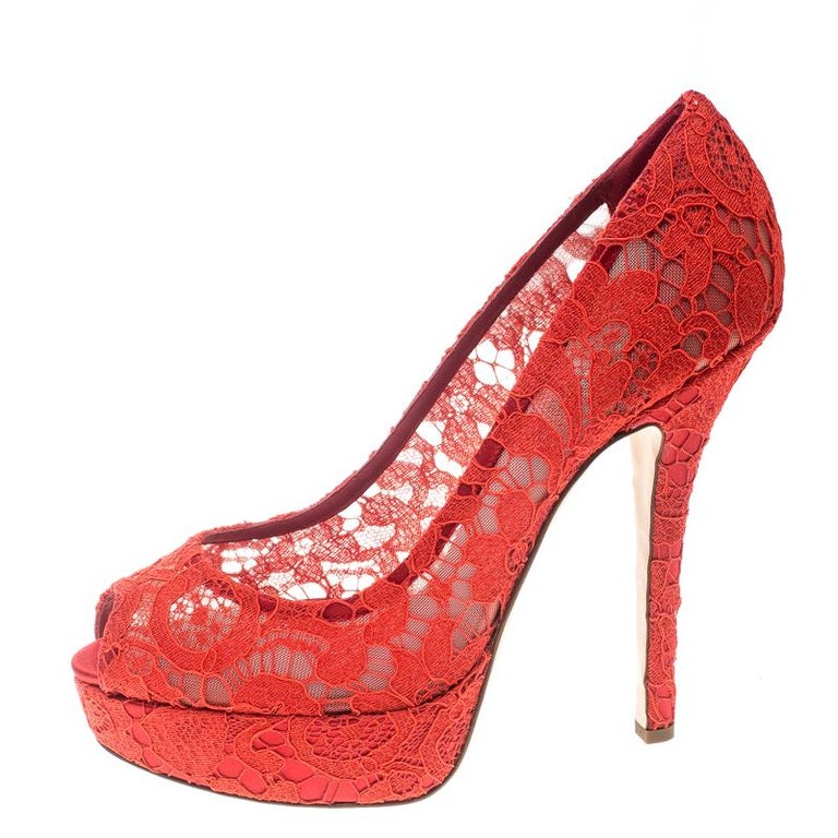 Dolce and Gabbana Red Lace Peep Toe Platform Pumps Size 41 For Sale at ...