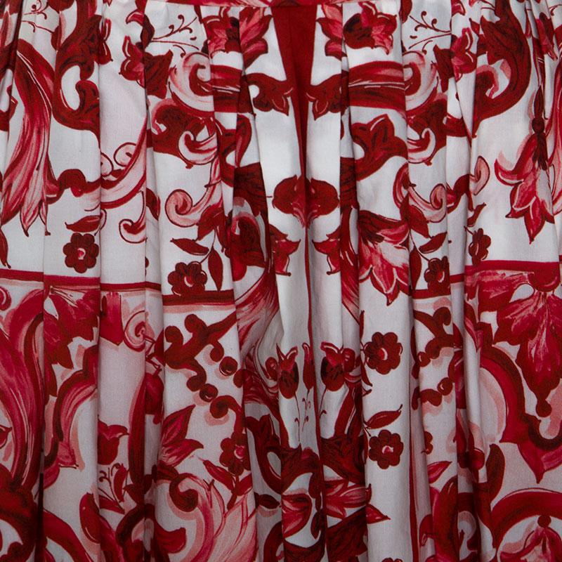 Dolce And Gabbana Red Majolica Printed Cotton Pleated Midi Dress S At
