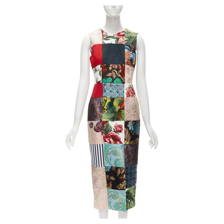 DOLCE GABBANA 2021 mixed grid patchwork jacquard front slit midi dress ...