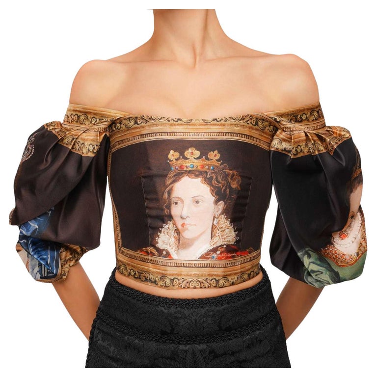Dolce and Gabbana Baroque Crown Queen Silk Corsage Top Brown Blue IT 38 ...
