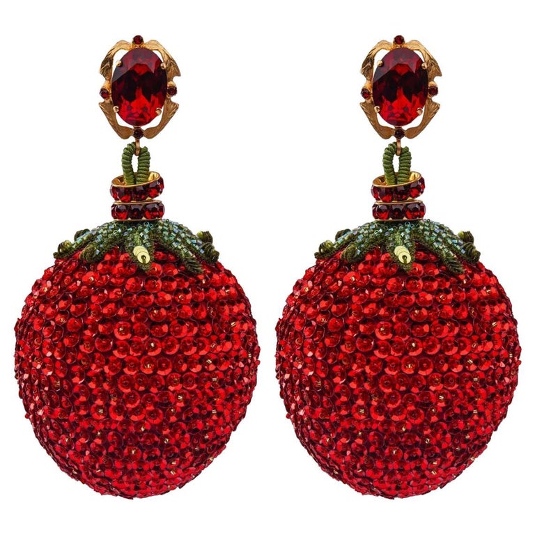 Dolce and Gabbana - Baroque Crystal Sequin Strawberry Clip Earrings ...