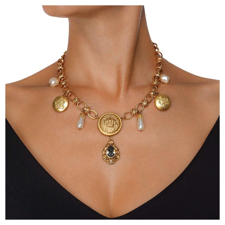 Dolce and Gabbana - Baroque Pearl Crystal Crown Necklace Chocker Gold ...
