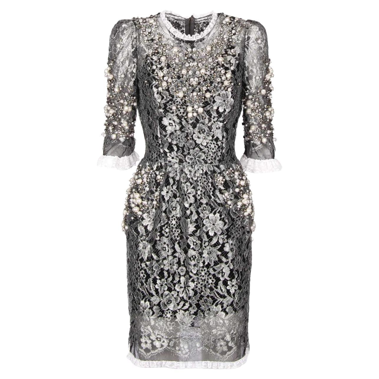 Dolce and Gabbana - Baroque Pearls Crystals Lace Dress Silver 40 For ...