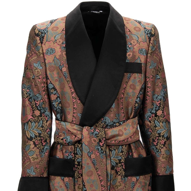 Dolce and Gabbana Baroque Silk Jacquard Coat Robe Pink Blue Black 44 34 ...