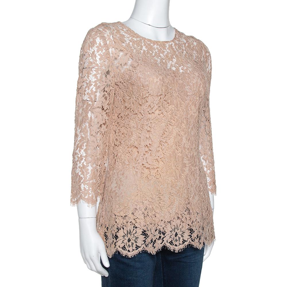 Dolce and Gabbana Beige Floral Lace Scalloped Long Sleeve Blouse M at ...
