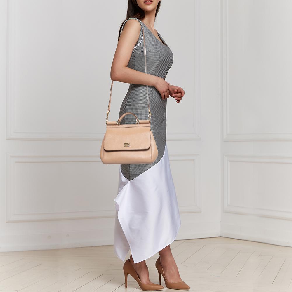 Dolce and Gabbana Beige Leather Medium Miss Sicily Top Handle Bag at ...