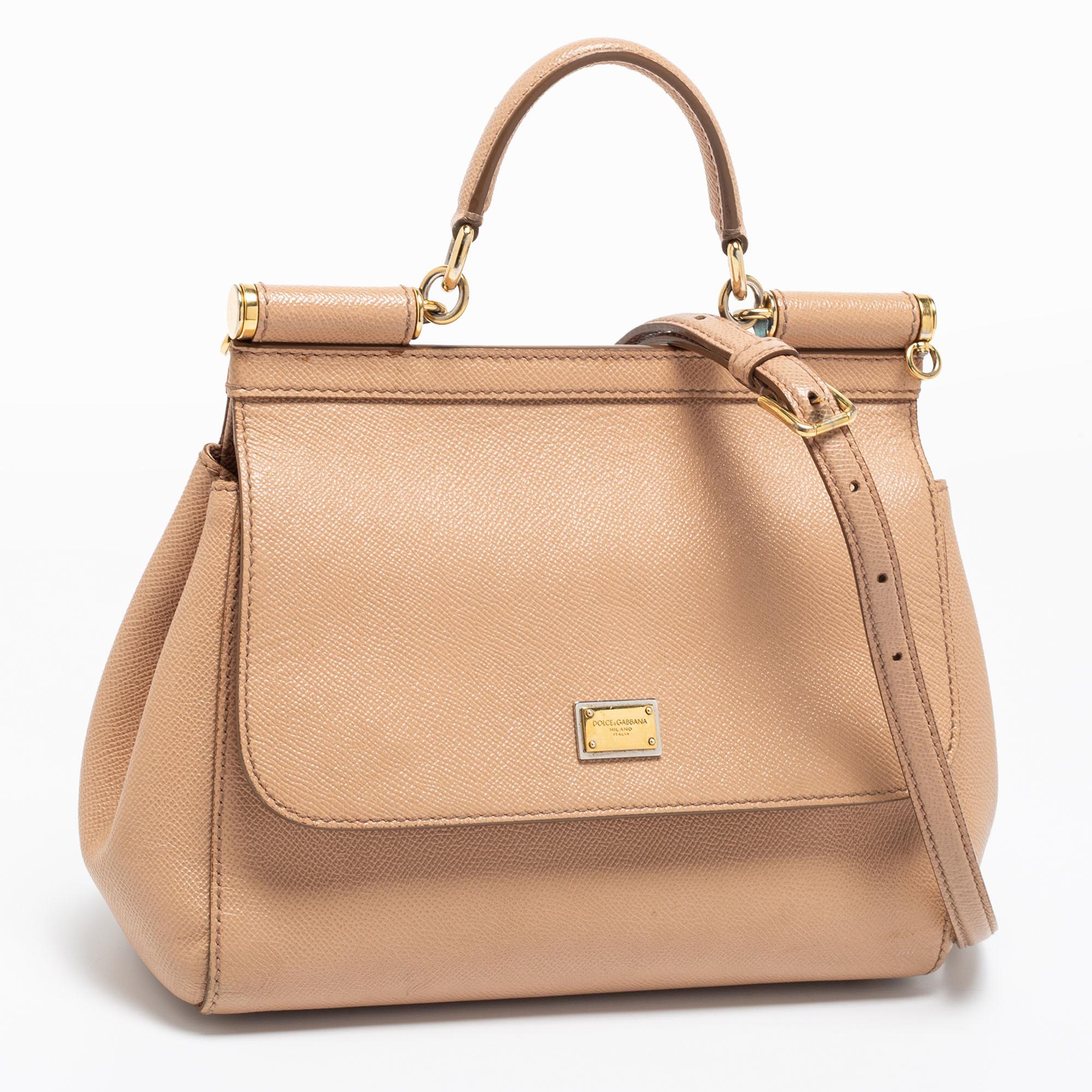 Dolce and Gabbana Beige Leather Medium Miss Sicily Top Handle Bag at ...