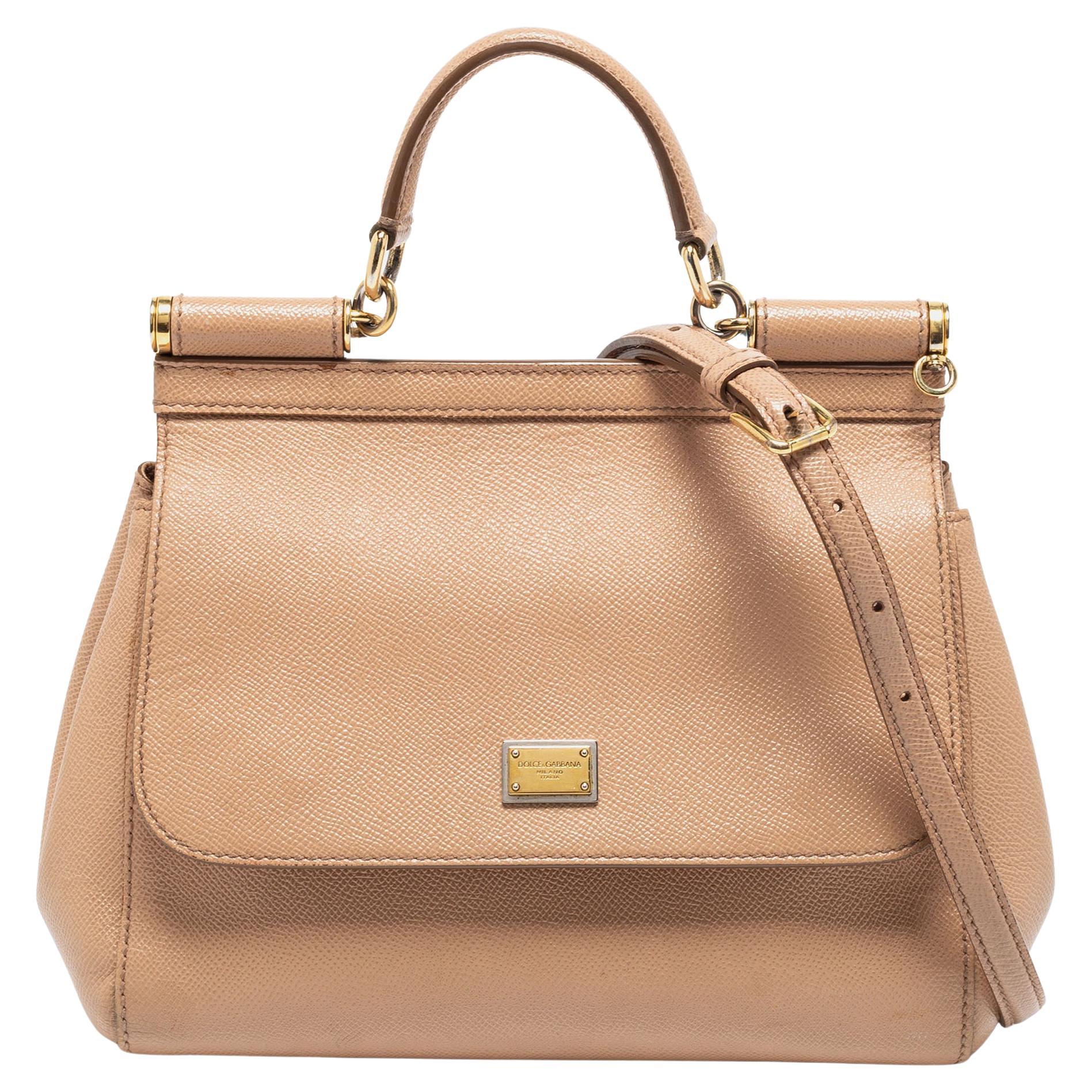 Dolce and Gabbana Beige Leather Medium Miss Sicily Top Handle Bag at ...