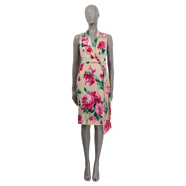 DOLCE and GABBANA beige and pink silk FLORAL SLEEVELESS WRAP Dress 42 M ...