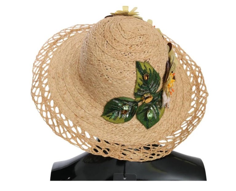 Dolce and Gabbana Beige Raffia Floral Sun Hat Panama Beachwear Flower ...