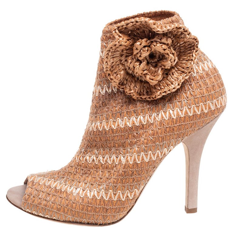 Dolce and Gabbana Beige Raffia Peep Toe Ankle Boots Size 39 For Sale at ...
