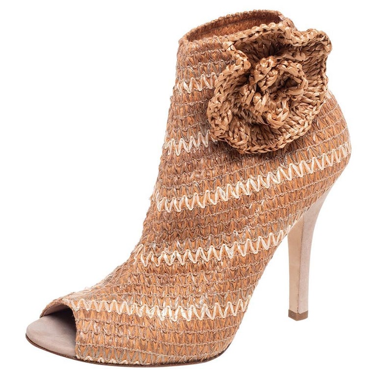 Dolce and Gabbana Beige Raffia Peep Toe Ankle Boots Size 39 For Sale at ...