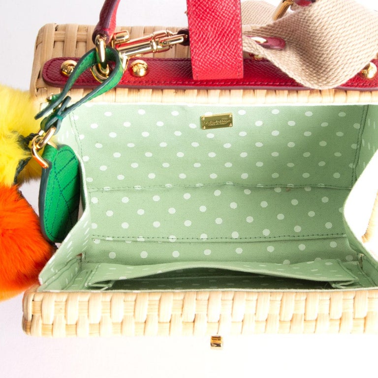 DOLCE and GABBANA beige and red WICKER Shoulder Bag w LAPIN CHARM For ...