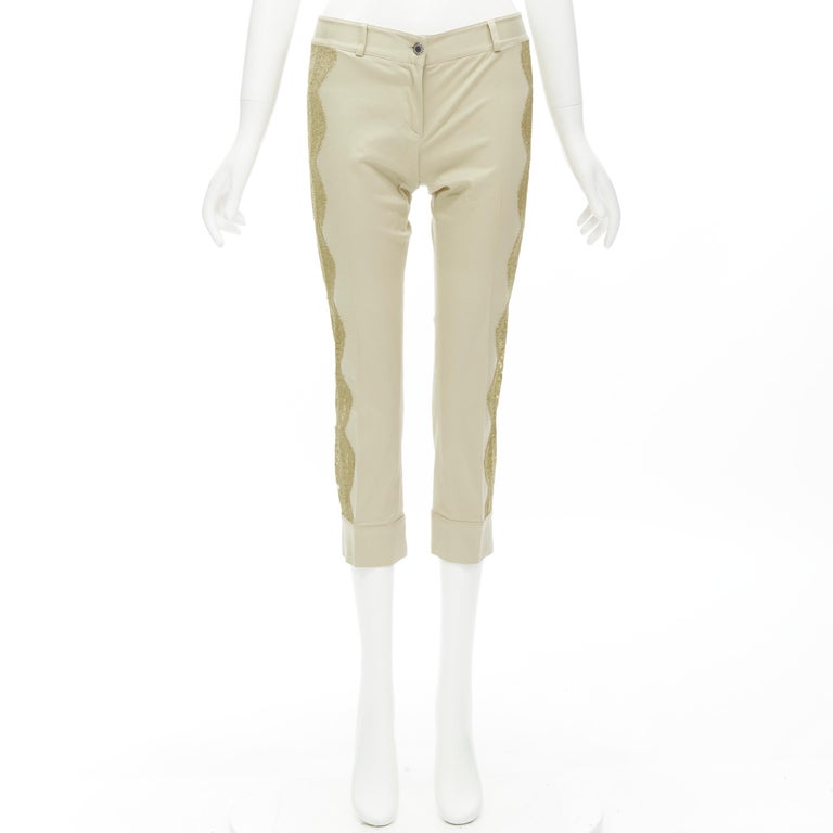 DOLCE GABBANA beige sheer lace insert metal plate cropped pants S For ...