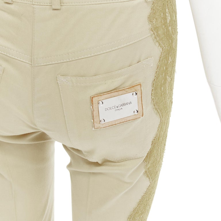 DOLCE GABBANA beige sheer lace insert metal plate cropped pants S For ...