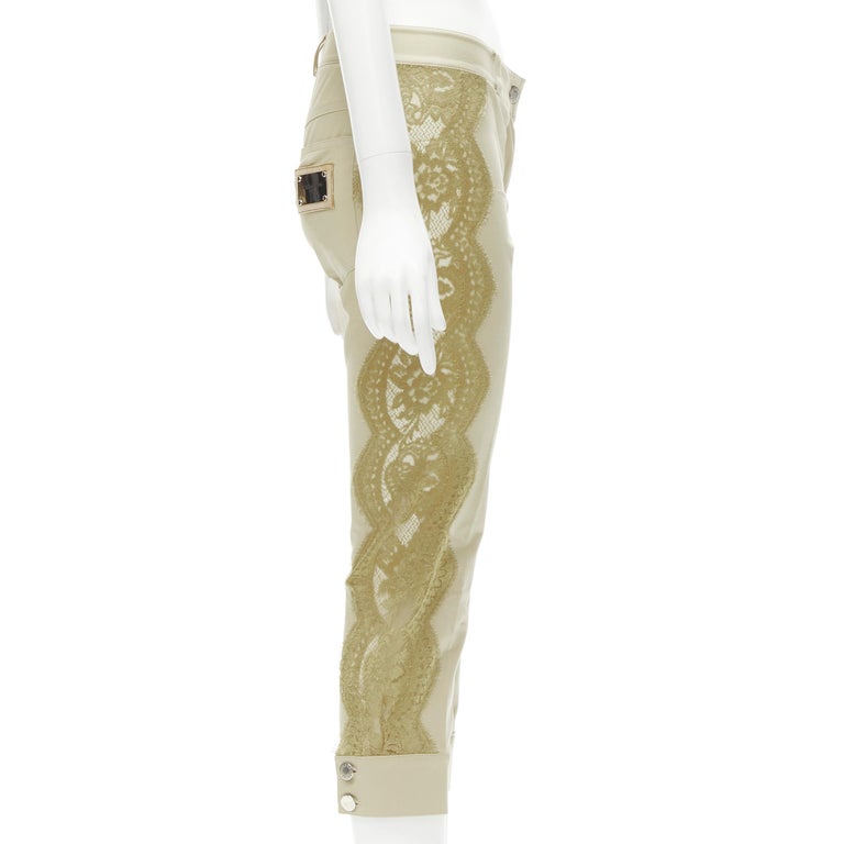 DOLCE GABBANA beige sheer lace insert metal plate cropped pants S For ...