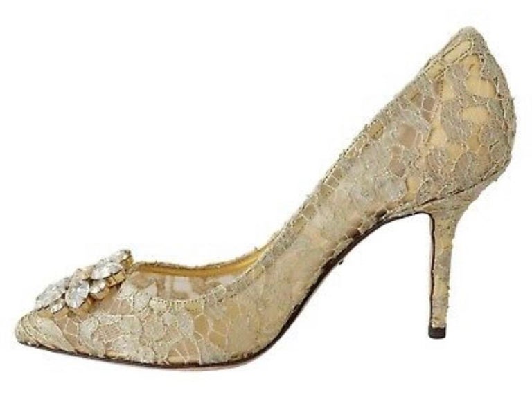 Dolce and Gabbana Bellucci Pumps Shoes Gold Lace Crystal Heels at 1stDibs