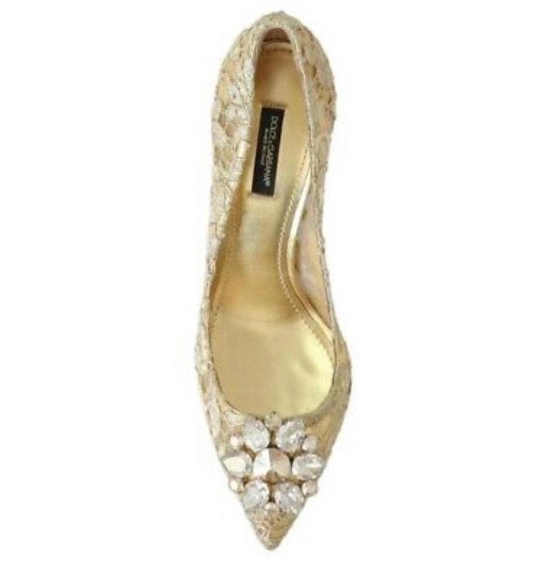 Dolce and Gabbana Bellucci Pumps Shoes Gold Lace Crystal Heels at 1stDibs