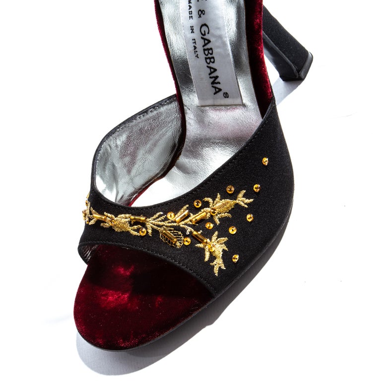 Dolce and Gabbana black and gold embroidered silk velvet evening heels ...