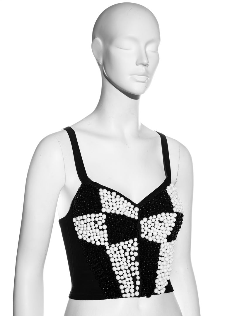 Dolce and Gabbana Schwarz-weiß kariertes Korsett-Oberteil mit Perlen ...