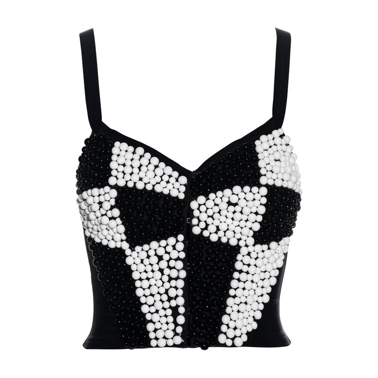Dolce and Gabbana Schwarz-weiß kariertes Korsett-Oberteil mit Perlen ...