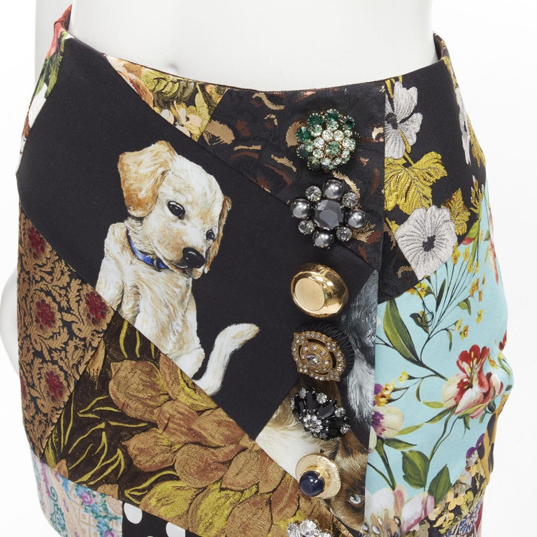 DOLCE GABBANA black colorful dog patchwork jewel embellished mini skirt IT36 XS For Sale at 1stDibs