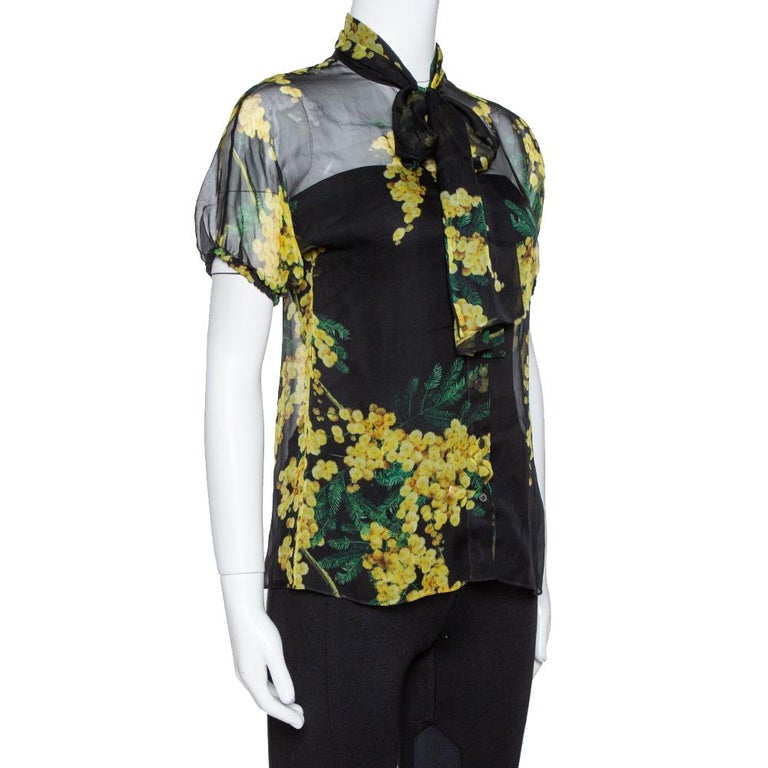 Dolce and Gabbana Black Floral Print Silk Tie Front Sheer Blouse S at ...