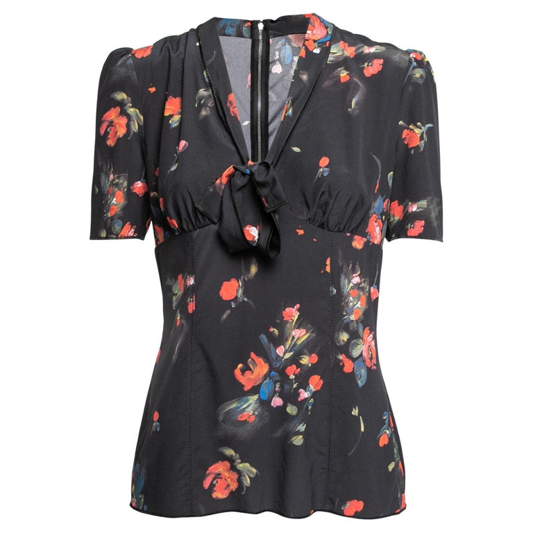 Dolce And Gabbana Black Floral Printed Silk Neck Tie Detailed Blouse M