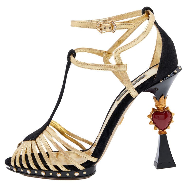 Dolce and Gabbana Black/Gold Velvet Suede Heart Sculptured Heel Sandals ...