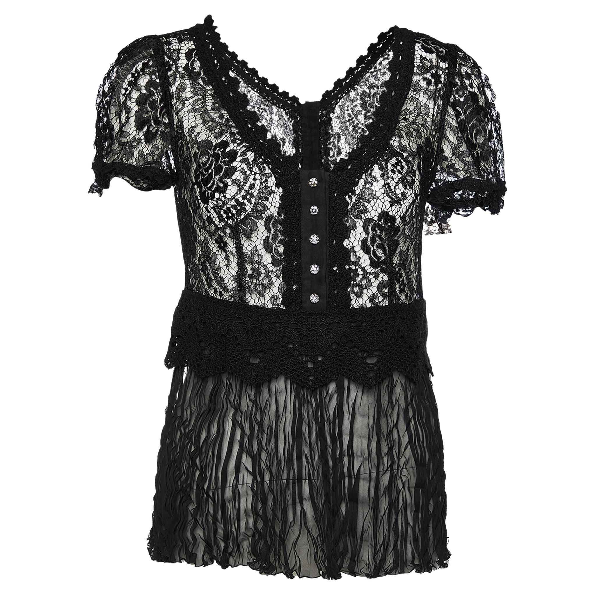 Dolce and Gabbana Black Lace and Silk Plisse Blouse M at 1stDibs